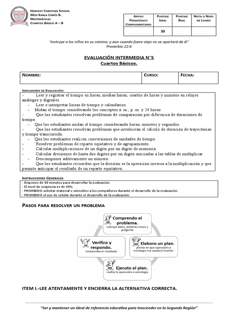 .Evaluación Intermedia Número 5 Cuartos Básicos Matemática | PDF