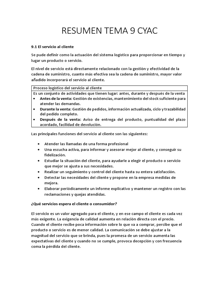 Resumen sobre el servicio al cliente y la postventa en la cadena de suministro | PDF ...