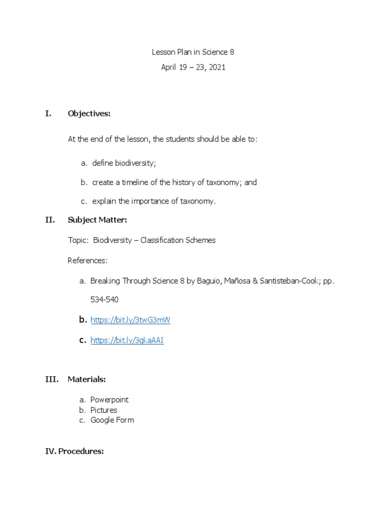 Lesson Plan in Science 8 - Biodiversity | PDF | Species | Taxonomy ...