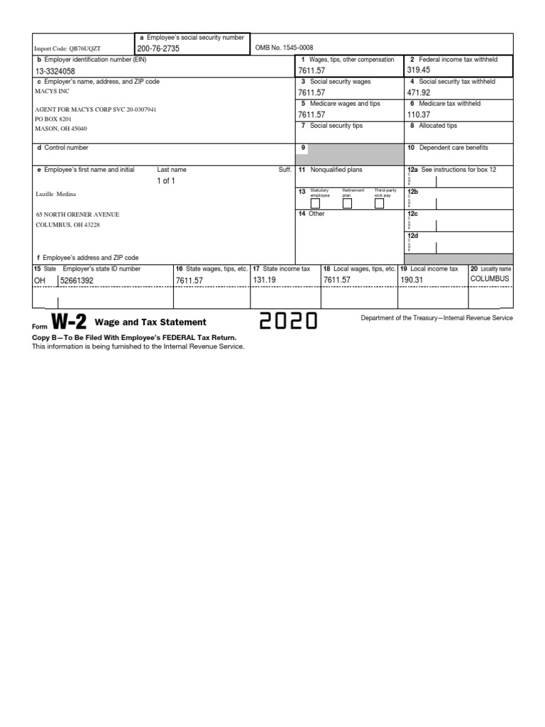 Wage and Tax Statement: OMB No. 1545-0008 | PDF | Irs Tax Forms | Earned Income Tax Credit