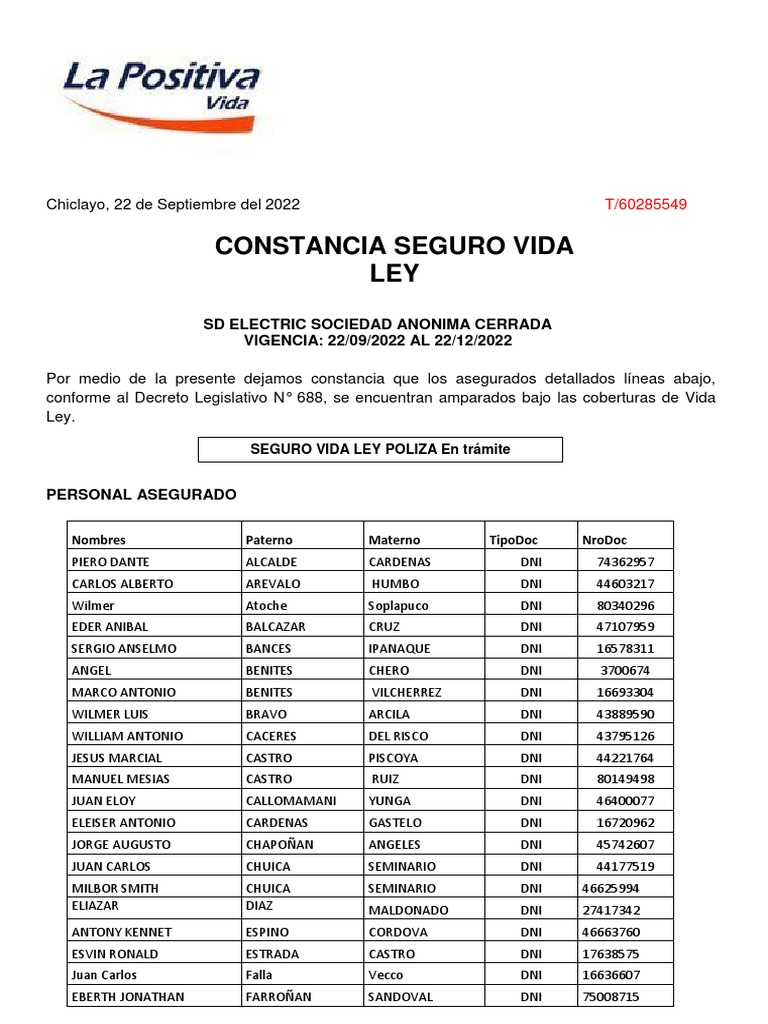 Constancia Vida Ley - SD Electric Sac Setiembre-2022 | PDF | Novela negra, policíaca y suspenso