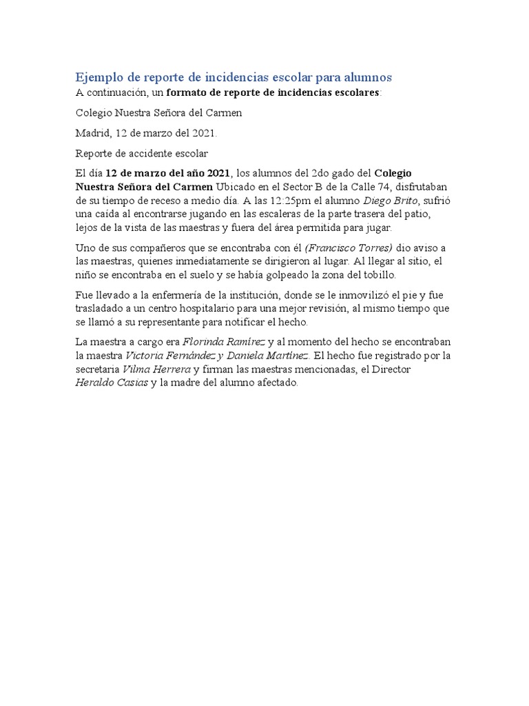 Ejemplo de Reporte de Incidencias Escolar para Alumnos | PDF