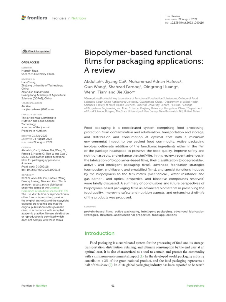 Biopolymer-Based Functional Films For Packaging Applications - A Review ...