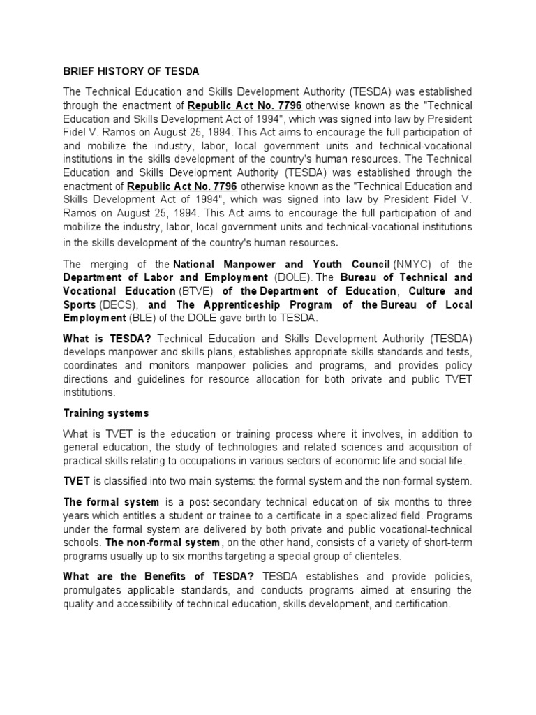 BRIEF HISTORY and TESDA Definition Training System Benefits | PDF ...