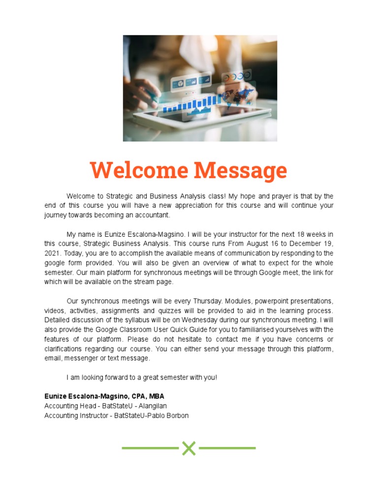 Strategic Business Analysis - Welcome Message | PDF