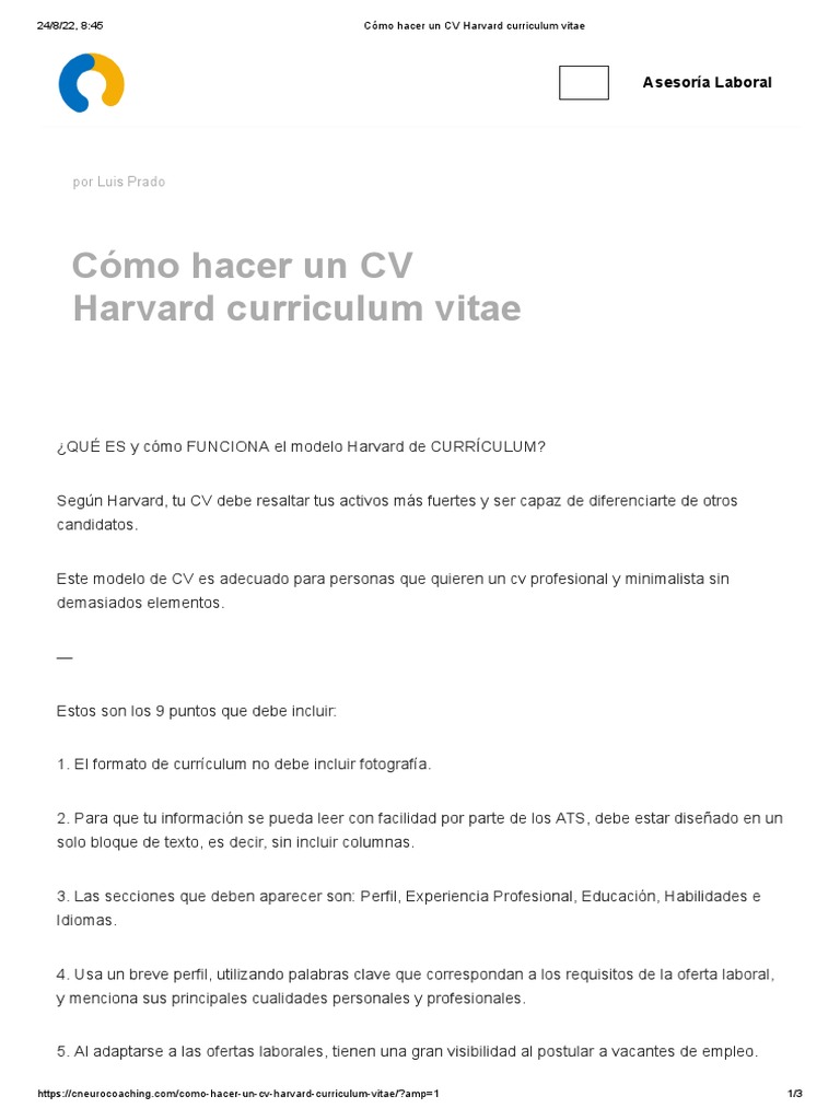 Cómo Hacer Un CV Harvard Curriculum Vitae | PDF
