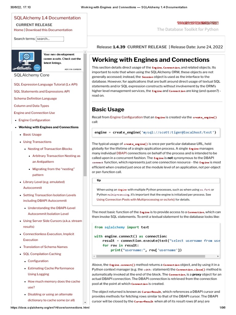 Working With Engines and Connections - SQLAlchemy 1.4 Documentation | PDF | Database Transaction ...