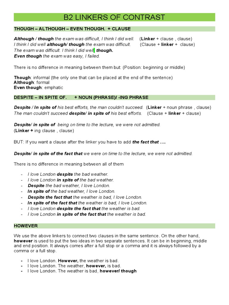 b2 Linkers of Contrast | PDF | Sentence (Linguistics) | Comma