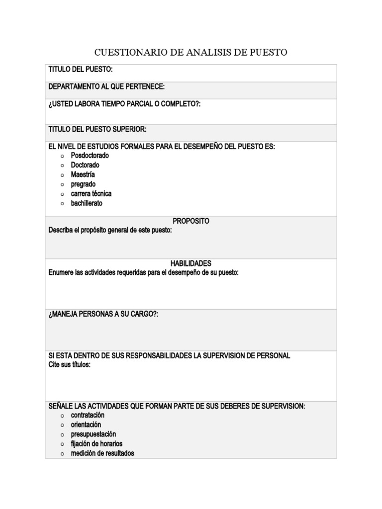 Cuestionario de Analisis de Puesto | PDF | Crecimiento personal y profesional | Negocios