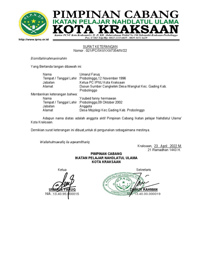 Contoh Surat Keterangan Aktif Ipnu | PDF