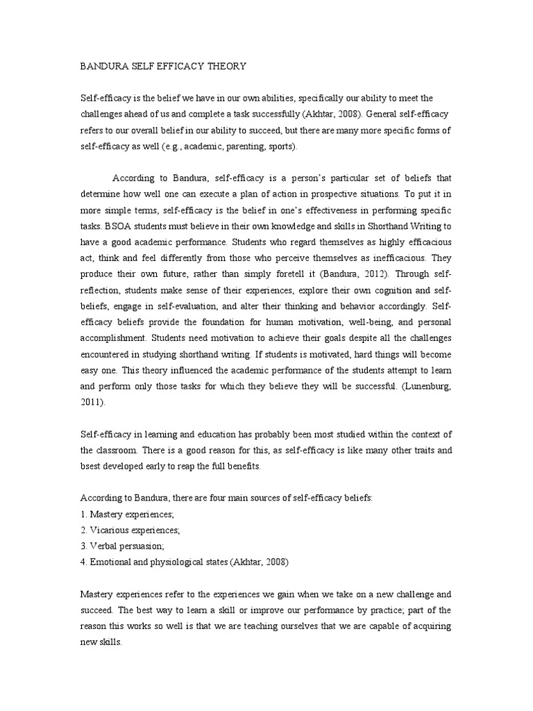 Bandura Self Efficacy Theory | PDF | Self Efficacy | Psychology