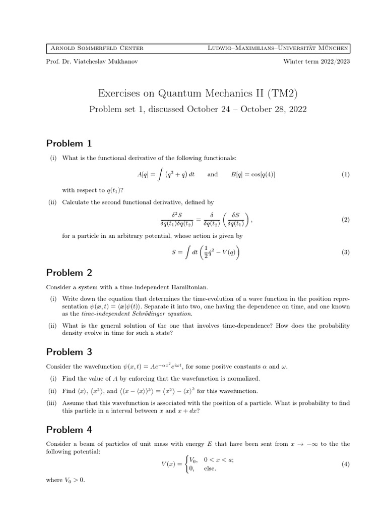 Exercises On Quantum Mechanics II (TM2) : Problem Set 1, Discussed ...