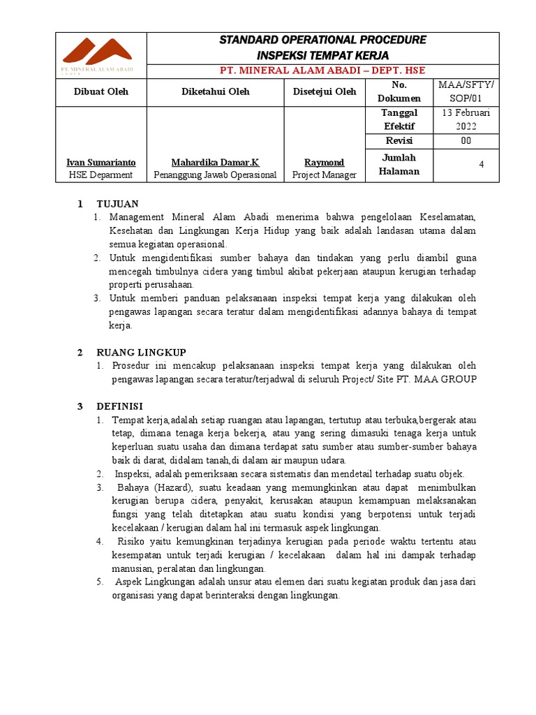 Sop Inspeksi Tempat Kerja | PDF