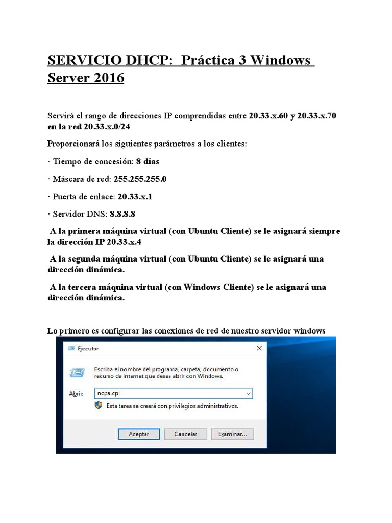 SERVICIO DHCP - Práctica 3 Windows Server 2016 | PDF | Dirección IP | Arquitectura de internet