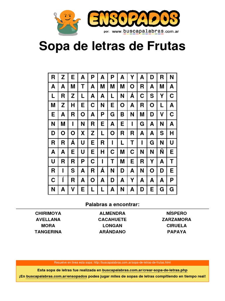 Sopa de letras de frutas tropicales y templadas para encontrar 14 palabras | PDF
