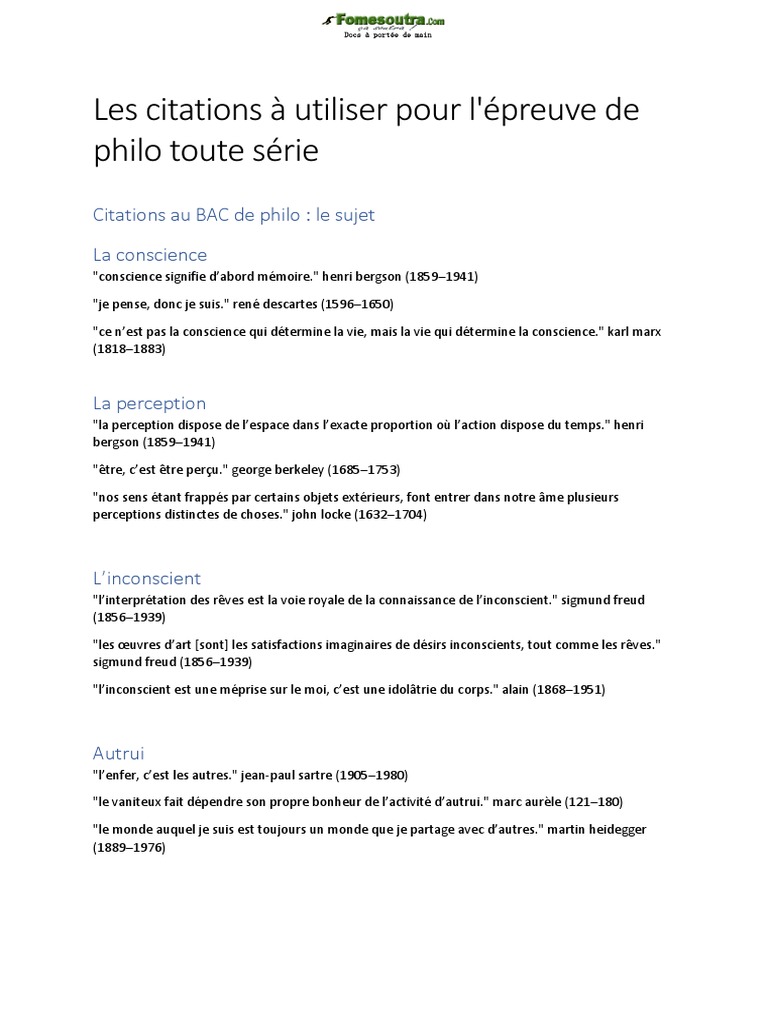 Les Citations À Utiliser Pour La Philo Au Bac | PDF | Conscience | Vérité