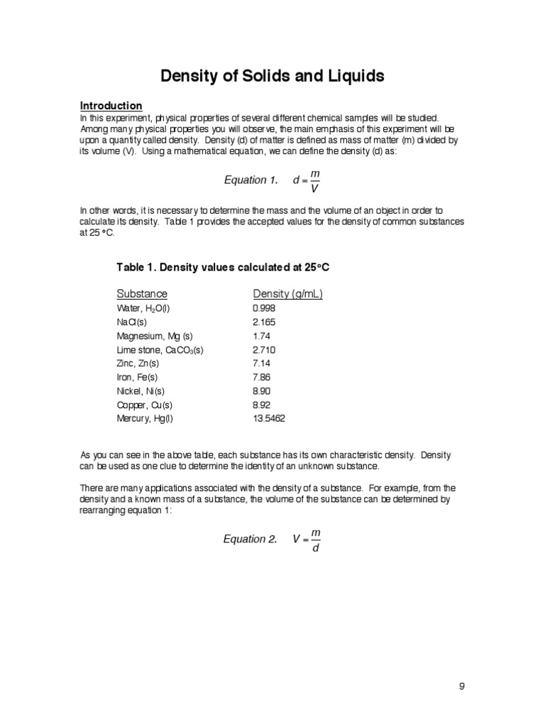 Density of Solids and Liquids CHEM Lab Manual | PDF | Density | Volume