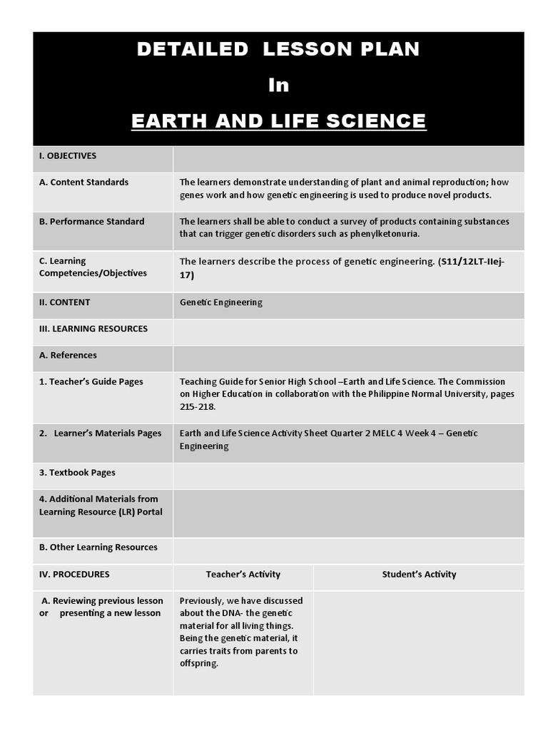 Genetic Engineering Lesson Plan for Grade 11 | PDF | Genetic ...