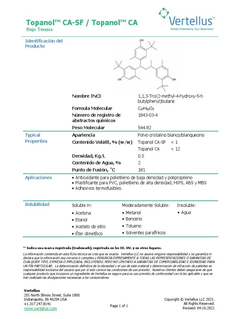 Topanol CA-SF™ Topanol CA™ TDS (4.16.21) Spanish | PDF | Solubilidad ...