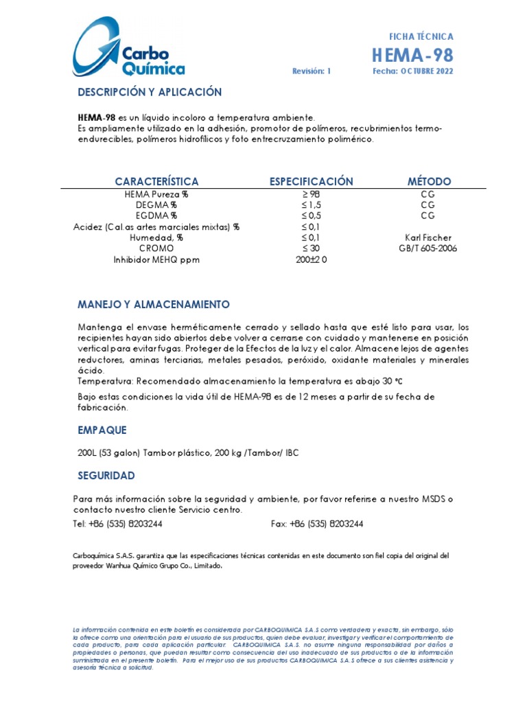 Ficha Tecnica Hema 98 | Descargar gratis PDF | Materiales | Química