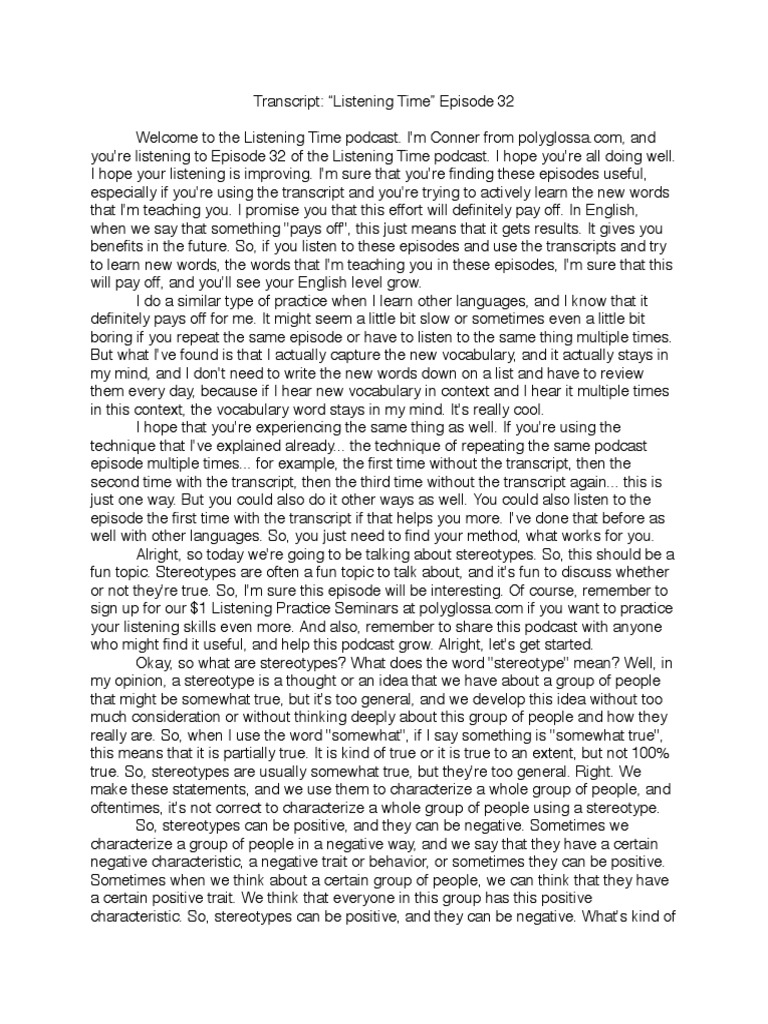 Episode 32 Transcript - Listening Time | PDF | Meal | Stereotypes