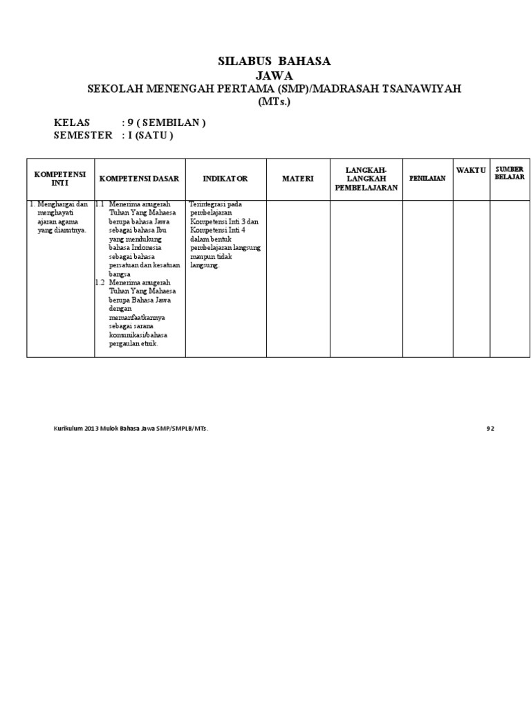 Silabus B Jawa 9 - Ganjil Genap | PDF
