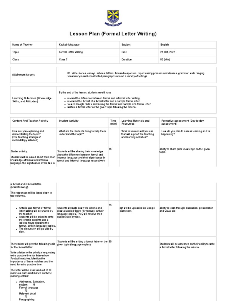 Formal Letter Writing Pdf Teachers Educational Assessment