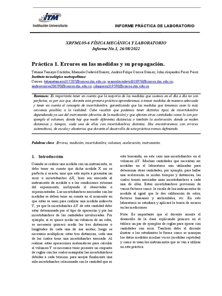 Informe 1 de Laboratorio de Física Mecanica | PDF | Medición | Laboratorios