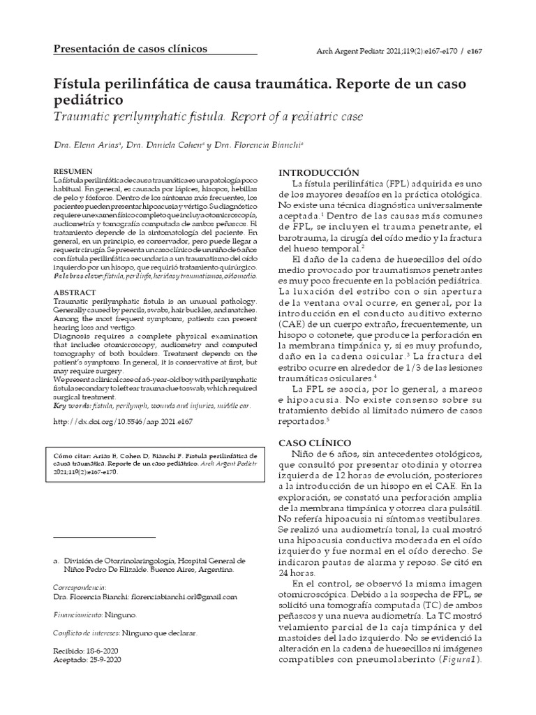 Fístula Perilinfática de Causa Traumática. Reporte de Un Caso ...