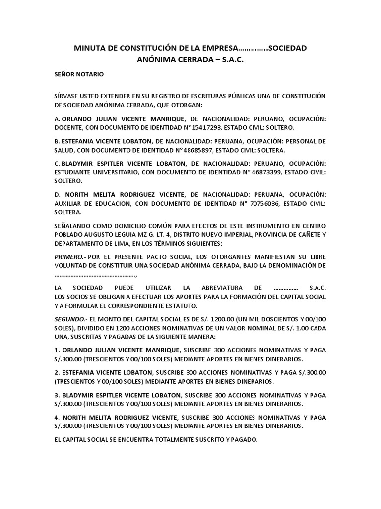 Minuta de Constitución Empresa Transporte | PDF | Business | Justicia