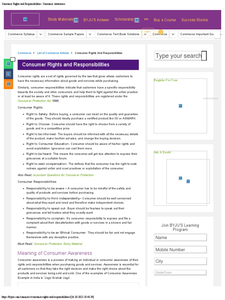Consumer Rights and Responsibilities Consumer Awareness | PDF ...