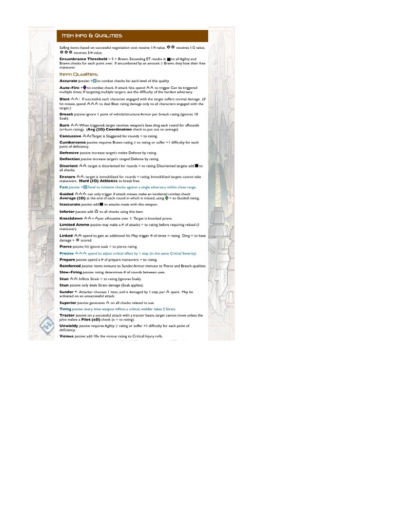 GENESYS RPG - Item Qualities Combat Actions (Player Handout) | PDF