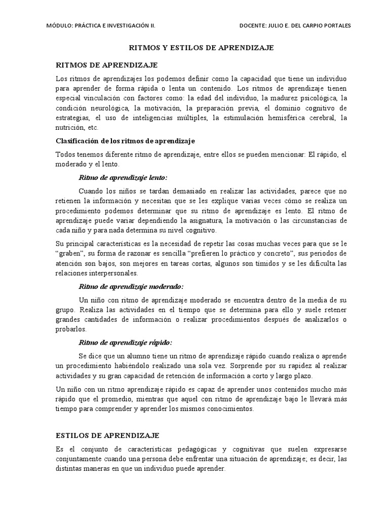 Ritmos y Estilos de Aprendizaje | PDF | Aprendizaje | Aprendiendo estilos