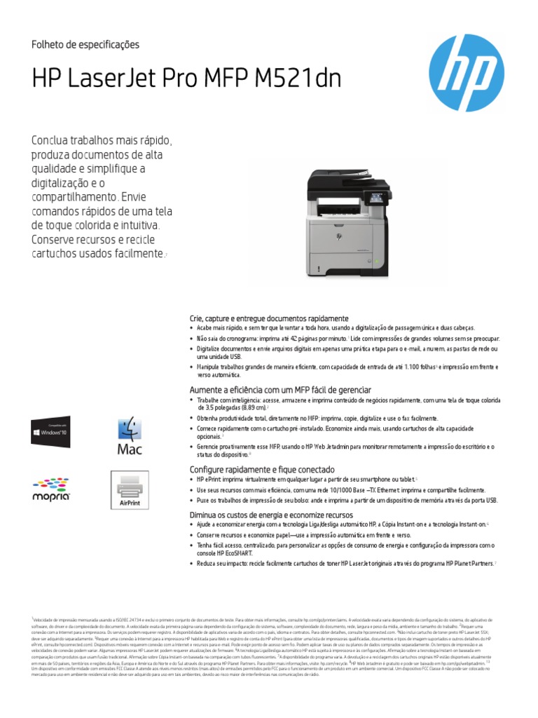 HP Laserjet Pro MFP M521Dn: Folheto de Especificações | PDF ...