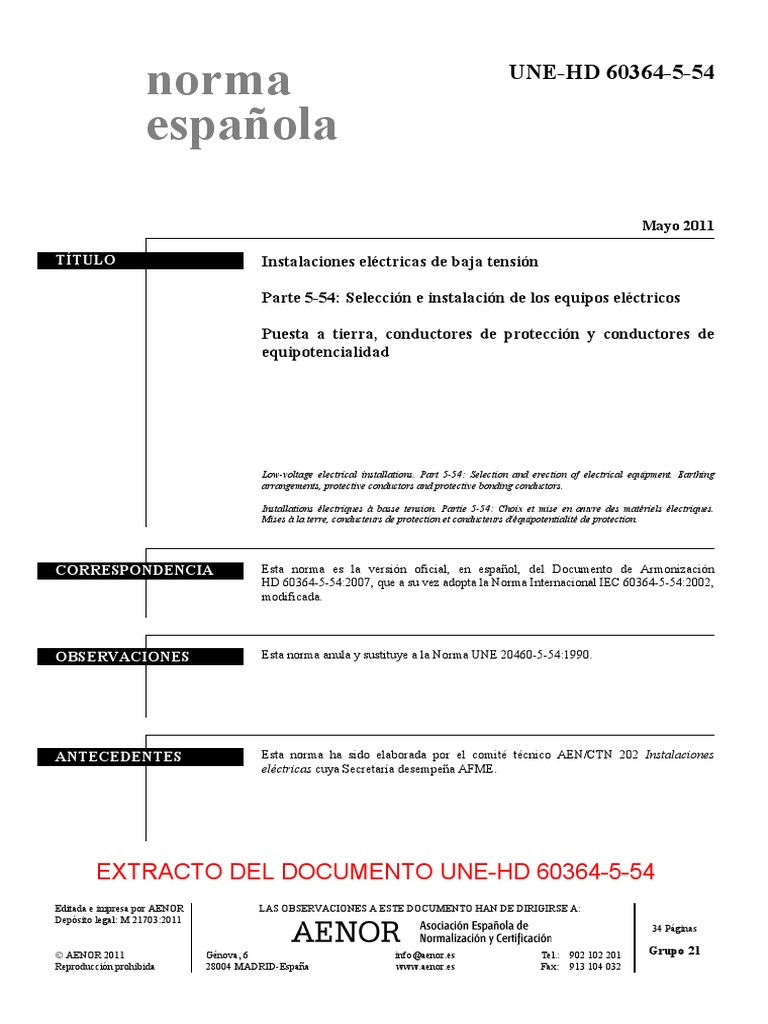 (Ex) Une HD - 60364 5 54 2011 | Descargar gratis PDF | Cableado ...