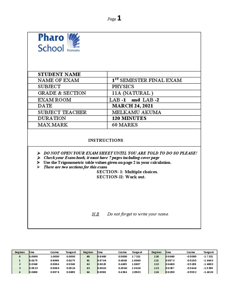 Physics 11 Final Exam Overview | PDF | Trigonometric Functions ...