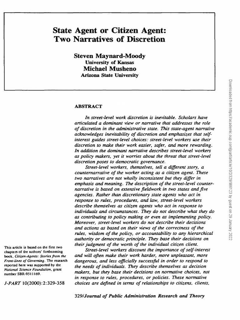 Maynard Moody Musheno State Agent-Citizen Agent | PDF | Narrative | Policy