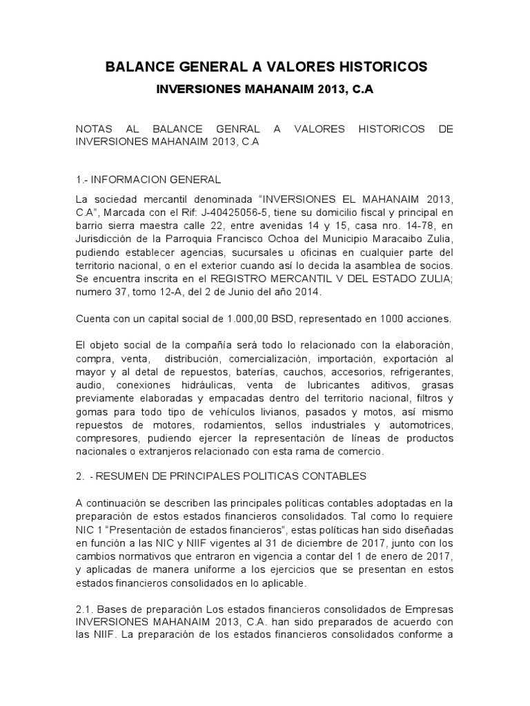 Notas Balance General A Valores Historicos | PDF | normas ...