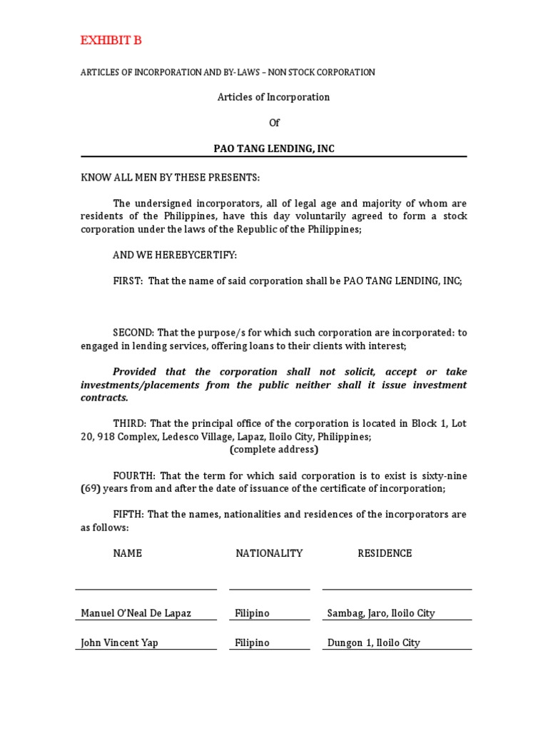 Articles-of-Incorporation-and-By-laws-PAO TANG LENDING | PDF | Proxy ...