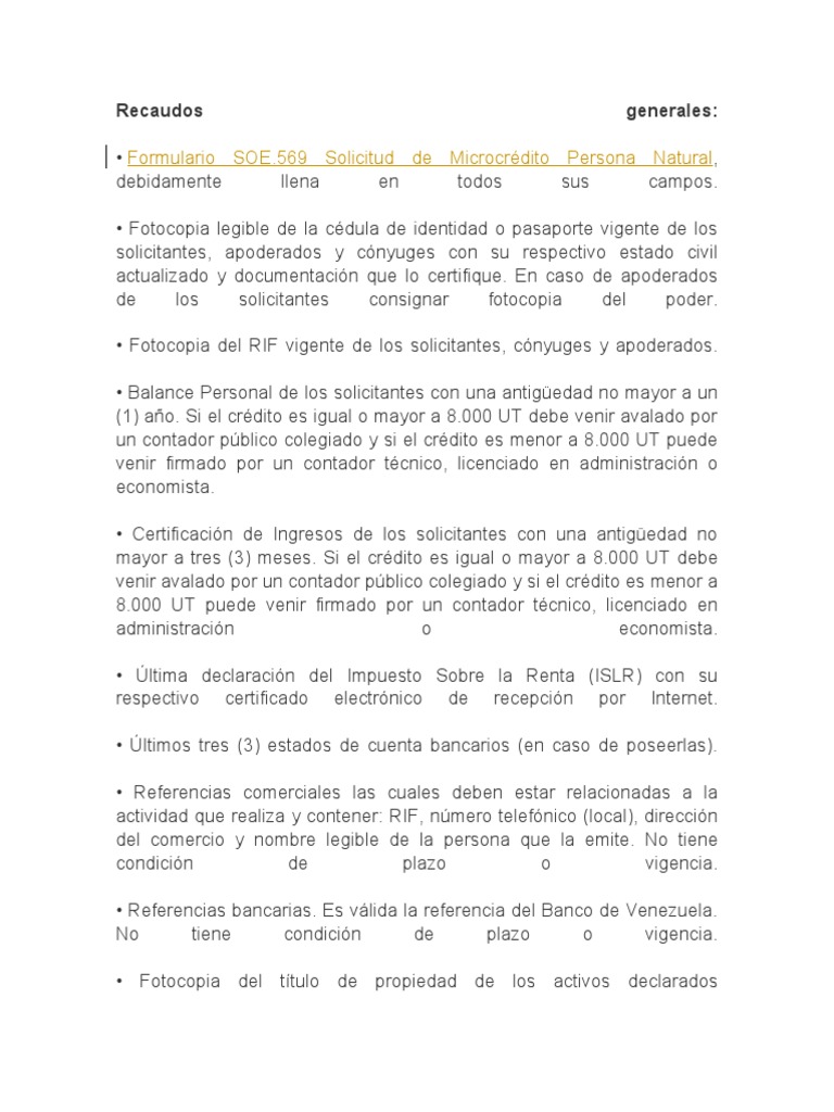 Requisitos generales para solicitar un microcrédito personal | PDF ...