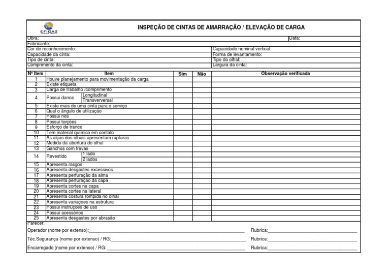 Check List Inspecao de Cintas de Amarracao e Elevacao | PDF