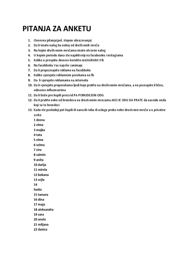 Pitanja Za Anketu | PDF