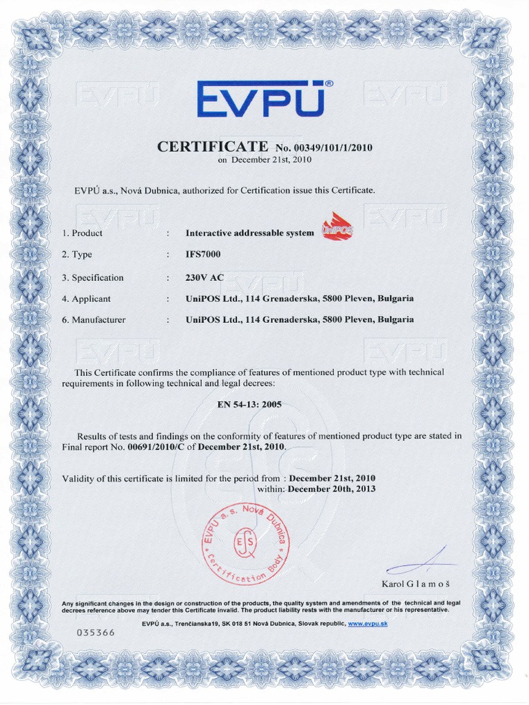 Certificate EN54 13 UniPOS | PDF