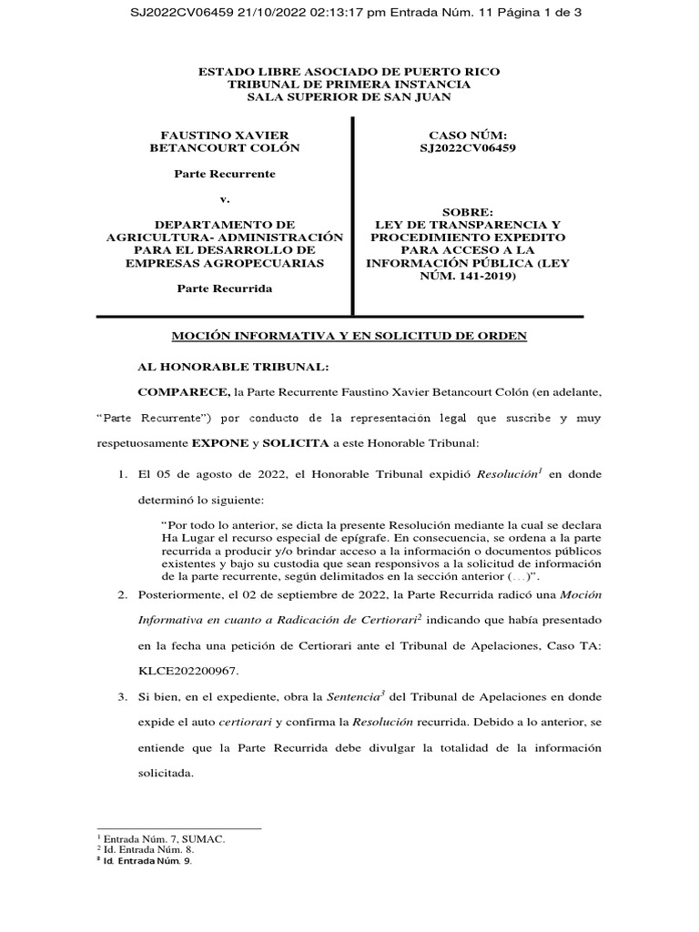 2022 - 10 - 21 Mocion Informativa y en Solicitud de Orden (Tpi) | PDF