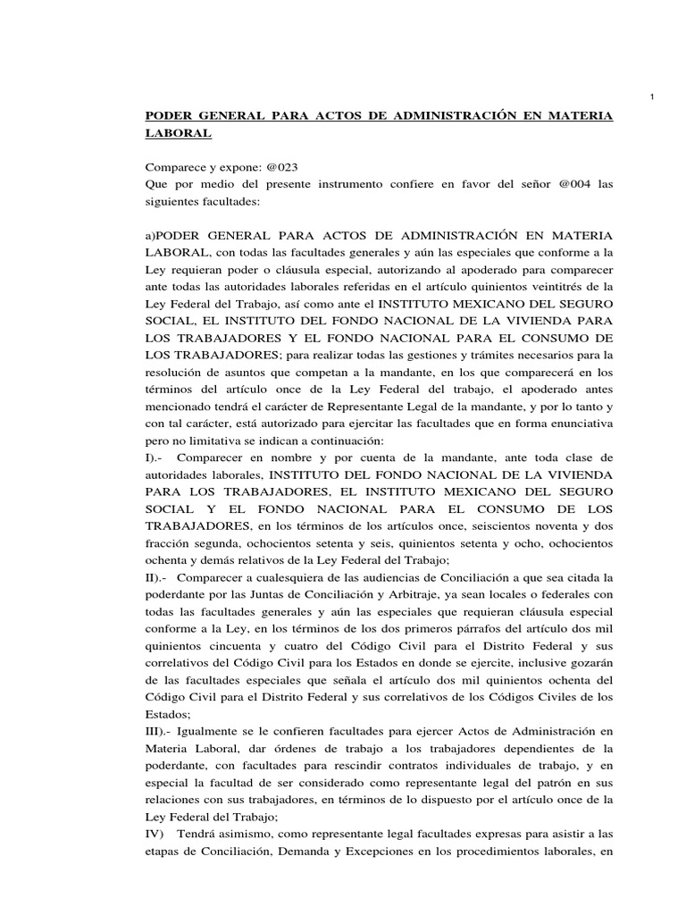 Poder General para Actos de Admon en Materia Laboral | PDF | Gobierno ...