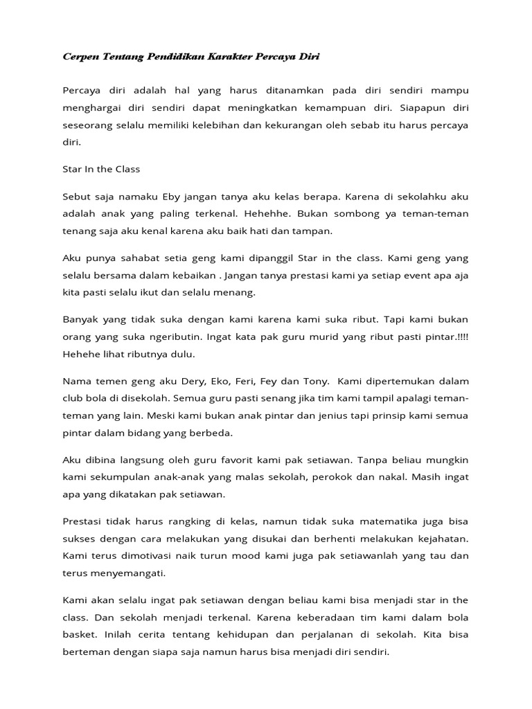 Cerpen Tentang Pendidikan Karakter Percaya Diri | PDF | Pengembangan Diri