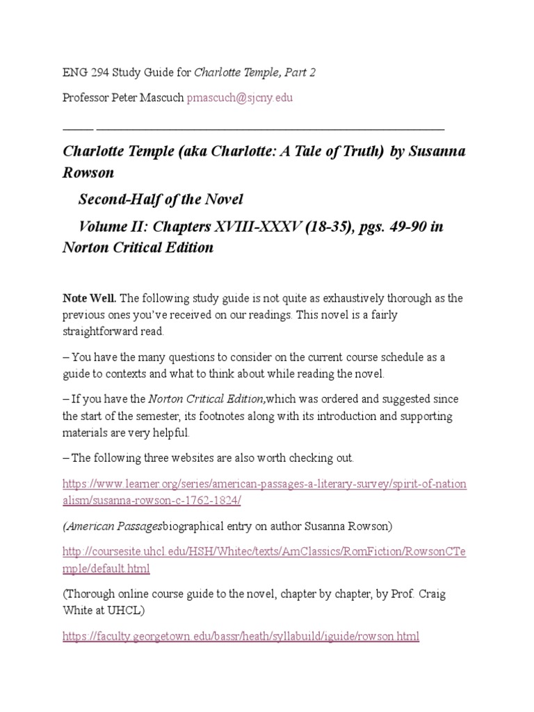 Study Guide For Charlotte Temple, Part 2 | PDF