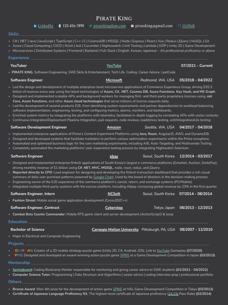 PIRATE KING Resume - Dark | PDF | Microsoft Azure | Software