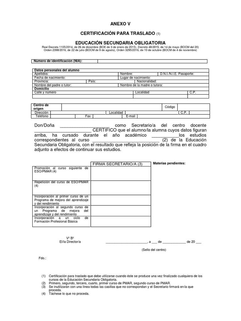 Anexo v. Certificaci-N para Traslado | PDF