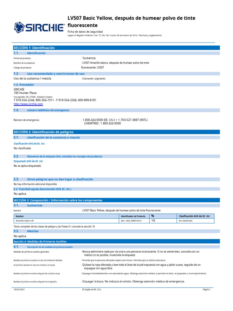 Hoja de Seguridad Amarillo Basico | PDF | Agua | Toxicidad